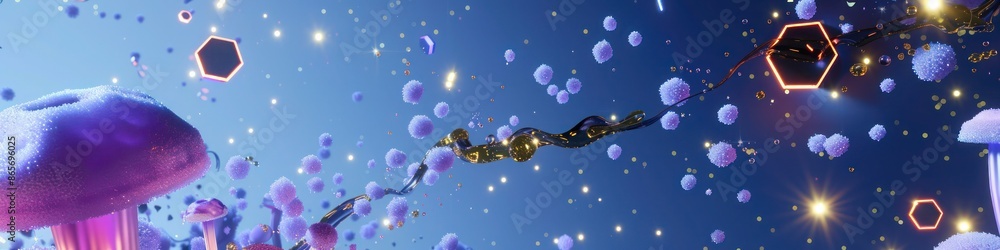 Soft lavender particles swirl around bright neon hexagons and magical ...