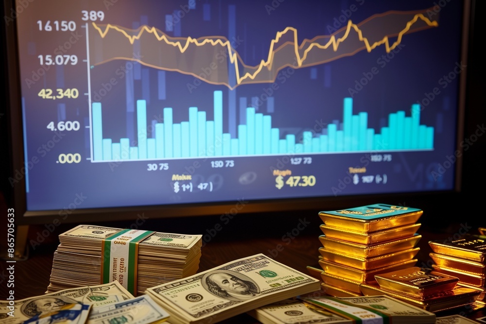 A digital screen displaying an increasing interest rate chart, with ...