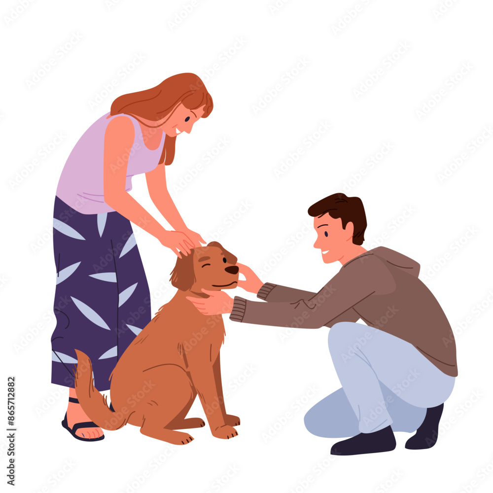 Happy couple adopting stray dog, adoption to family. Two pet owners ...