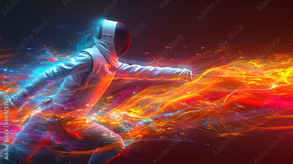 Fencer in an abstract scene performing dynamic leg stretches with ...
