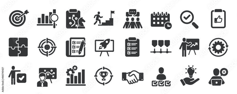 Action plan glyph solid icons collection. Containing planning, process ...