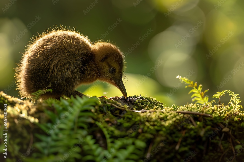 Rare kiwi bird foraging a New Zealand forest highlighting the unique ...