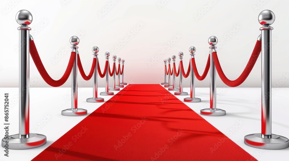 A red carpet set with stanchions and velvet ropes leading to an ...