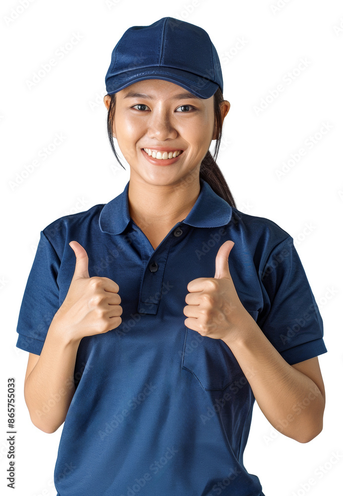 Young Philippine woman in a blue uniform and cap, smiling and giving ...