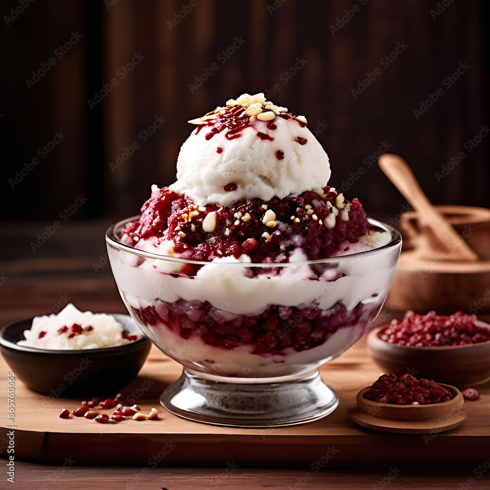 Korean traditional patbingsu with sweet red bean, vanilla ice cream ...