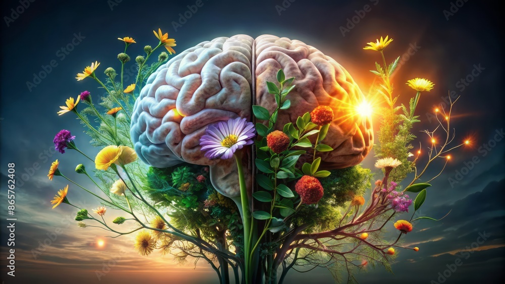 Illuminated human brain with growth mindset symbols and blooming ...