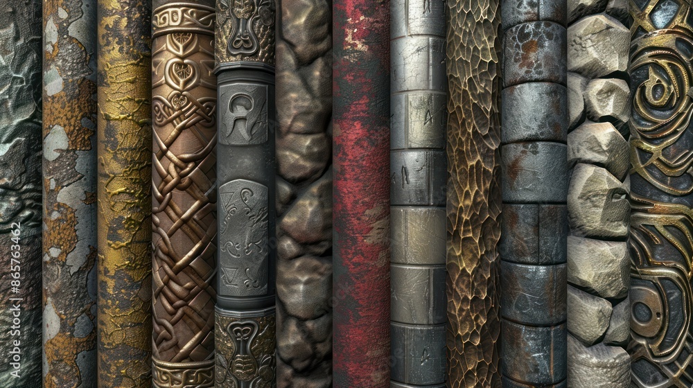 3D render of diverse seamless PBR material textures, showcasing metal ...