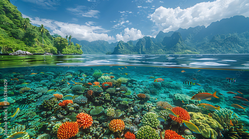 Tropical lagoon teeming biodiversity including colorful coral reefs and ...