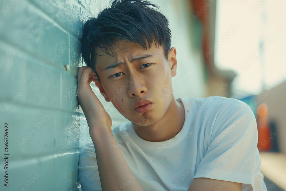 Unhealthy unhappy sad Asia guy with red rash hurt leg. Young Asian Guy ...