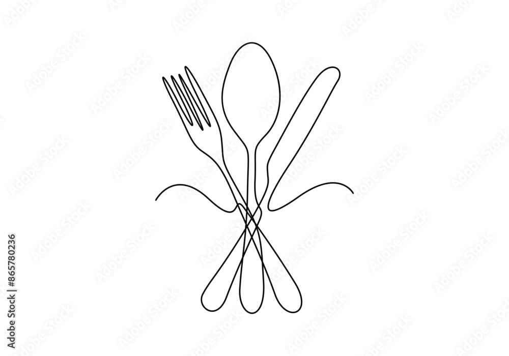 Continuous single line drawing of kitchen utensils cutlery. Isolated on ...