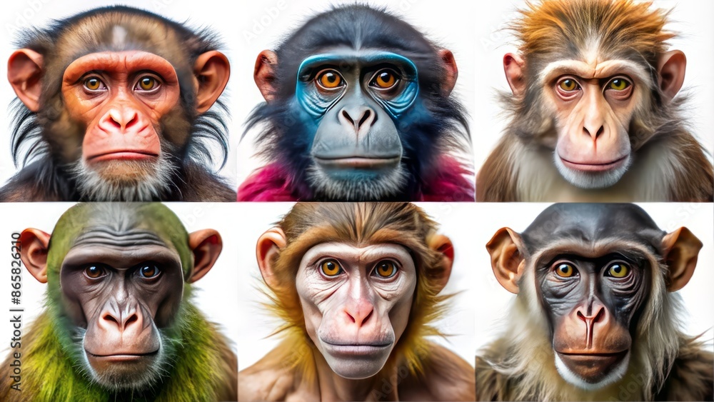 Vibrant colorful portrait headshots of six diverse monkey family ...