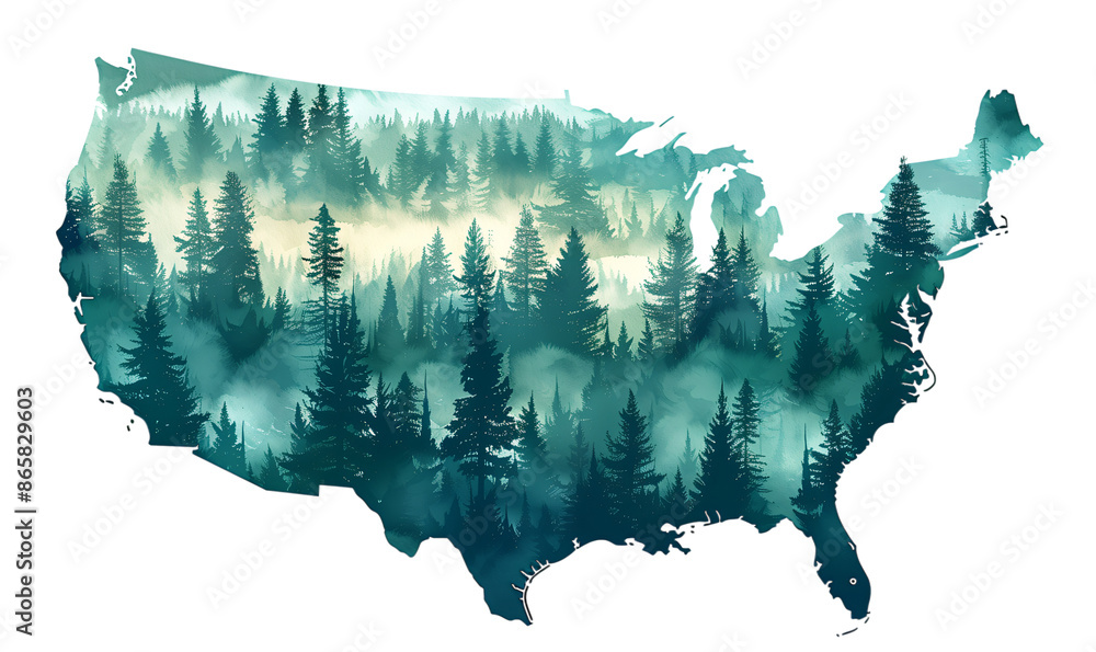 Artistic united states map with a forest silhouette overlay on a ...