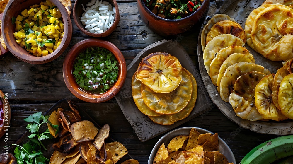 Overhead of an el salvadoran dinner with pupusas fried plantains ...