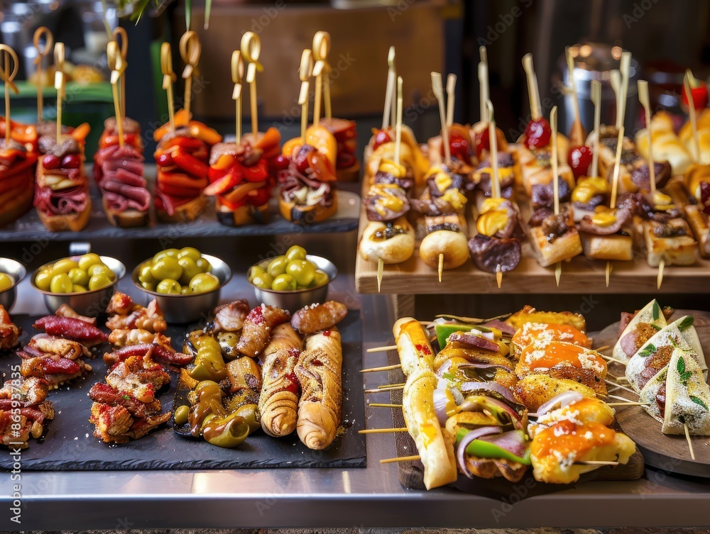 Pinchos and tapas typical of the Basque Country, Spain. Selection of ...