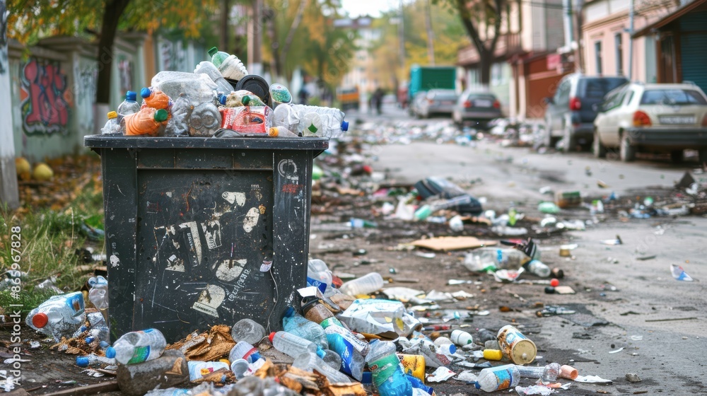 Trash bin overflowing with single-use plastics, waste management ...