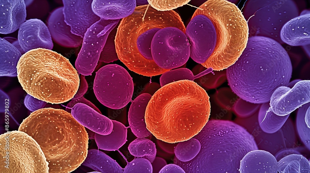 Leukemia blood cells under a Color scanning electron micrograph. Red ...