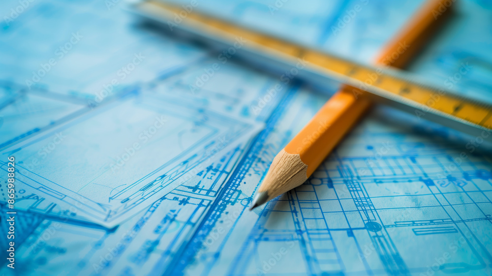 A clean, minimalist background showing a set of blueprints on a ...