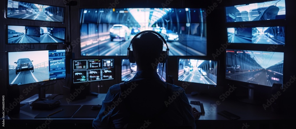 wide banner of security CCTV cameras and guard monitoring screen hud UI ...