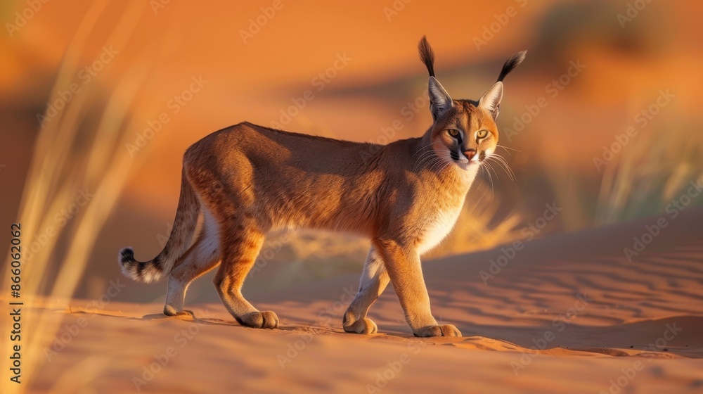 A Caracal prowls silently across the African desert, its tufted ears ...