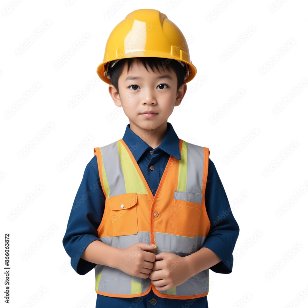 Portrait of an Asian little worker kid posing on Isolated transparent ...