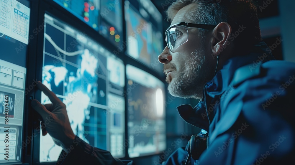 Security guard monitoring building safety via cctv for data center ...