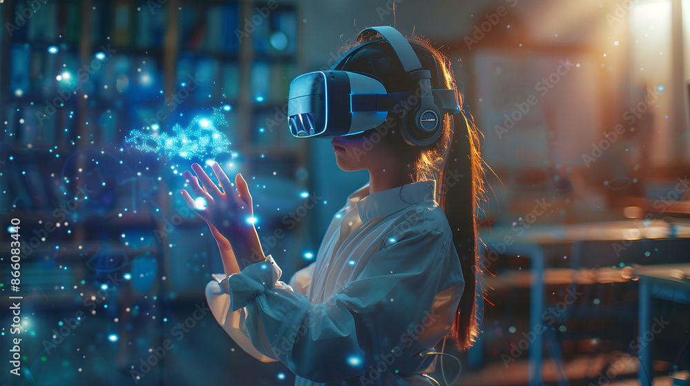 school student with VR headset using AI artificial intelligence ...