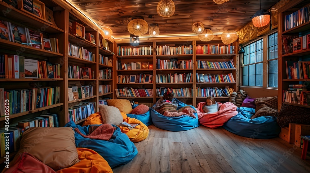 Cozy back to school reading nook with bean bags, shelves of books, and ...