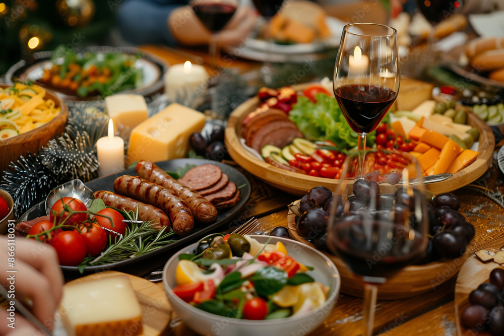 Full table of delicious Dinner party table European foods and drinks ...