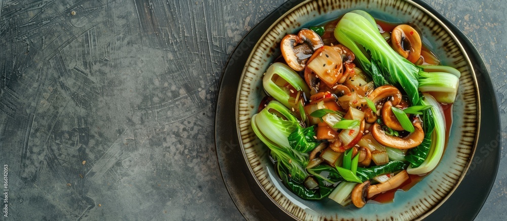 Top-down view of a plate with bok choy cabbage, shimeji mushrooms in ...