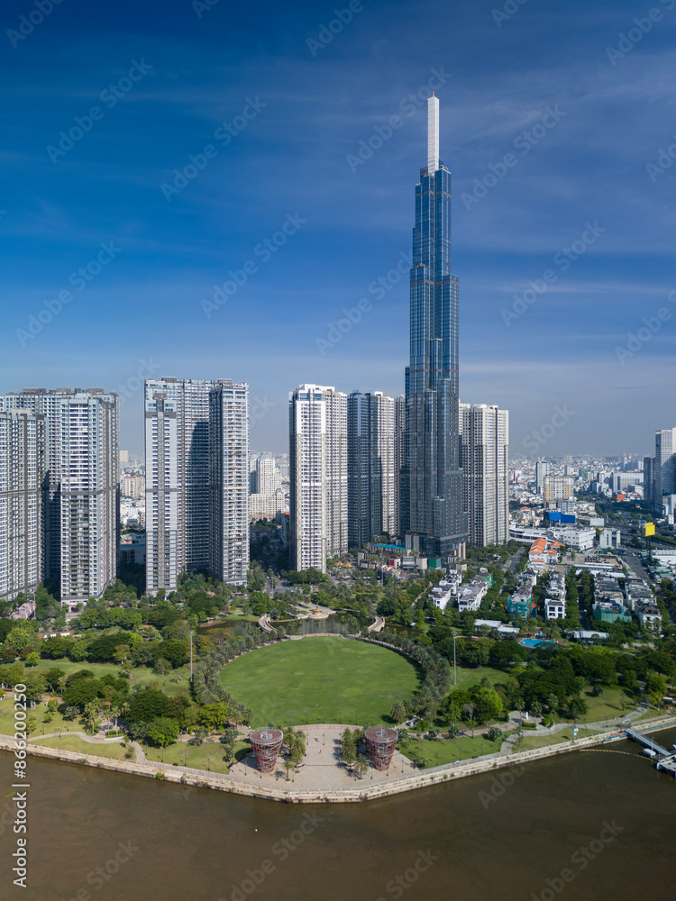 Landmark building and Central park along the Saigon River on beautiful ...
