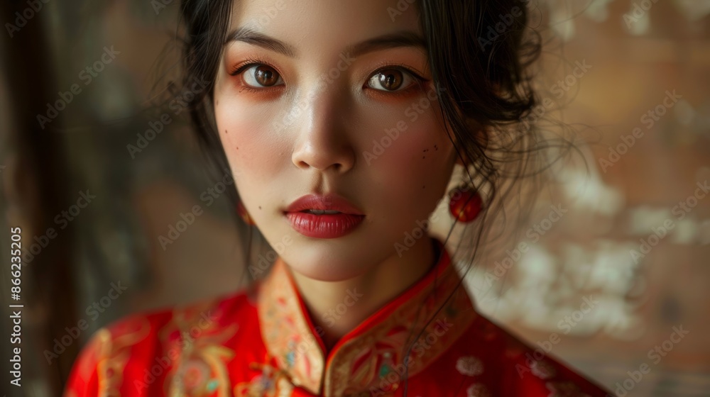 Half-body image of an Asian woman with refined makeup, dressed in a ...