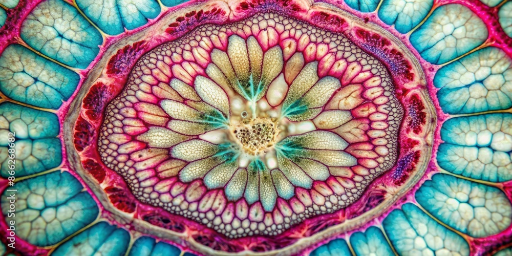 Microscopic view of a freshly cut carnation stem cross-section revealing intricate vascular ...