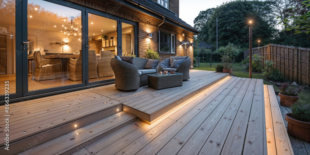 Modern wooden terrace with garden furniture illuminated at night in a ...