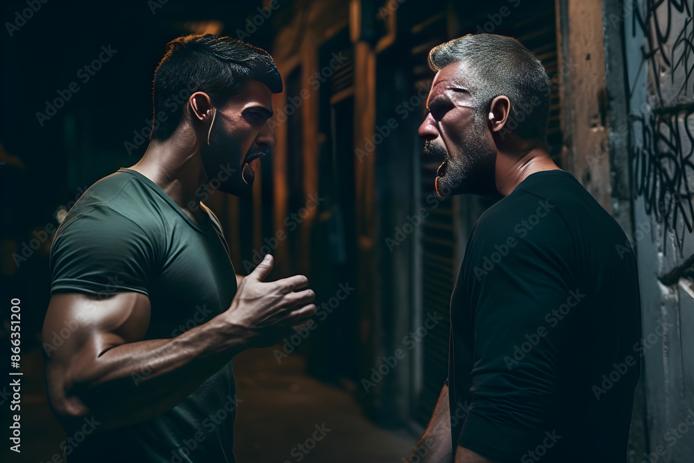 Intense Verbal Altercation Between Two Men in a Dimly Lit Alley ...