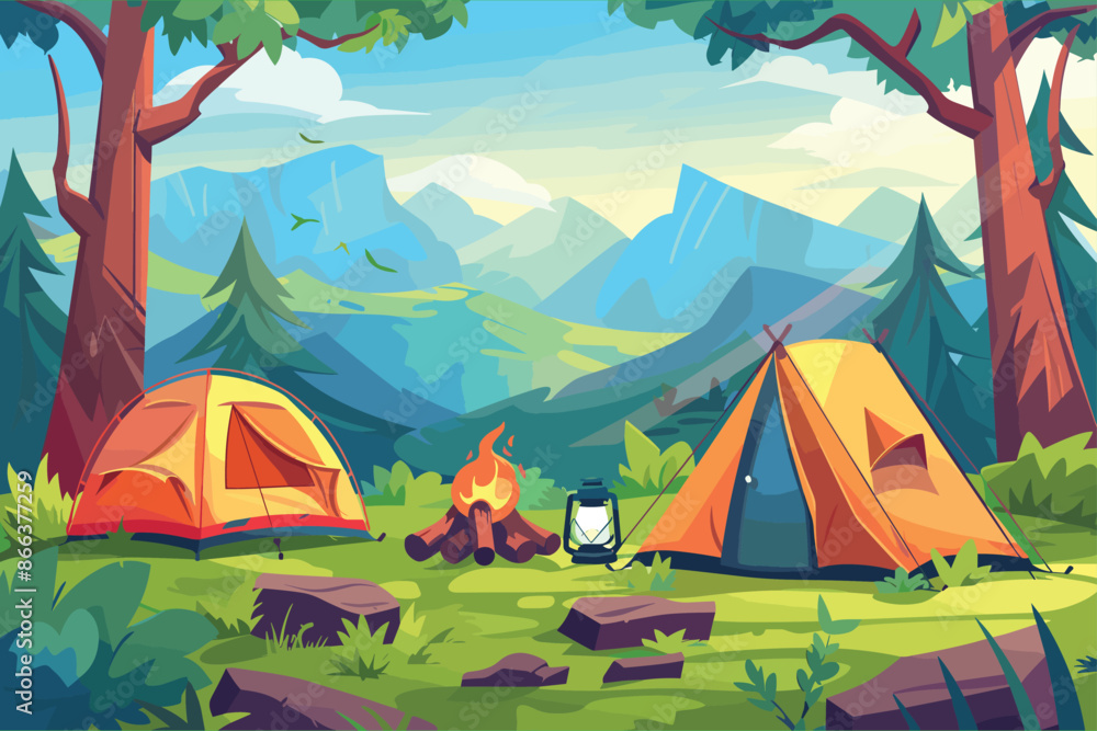 Nature camp landscape with tents, campfire, backpack, and lantern ...