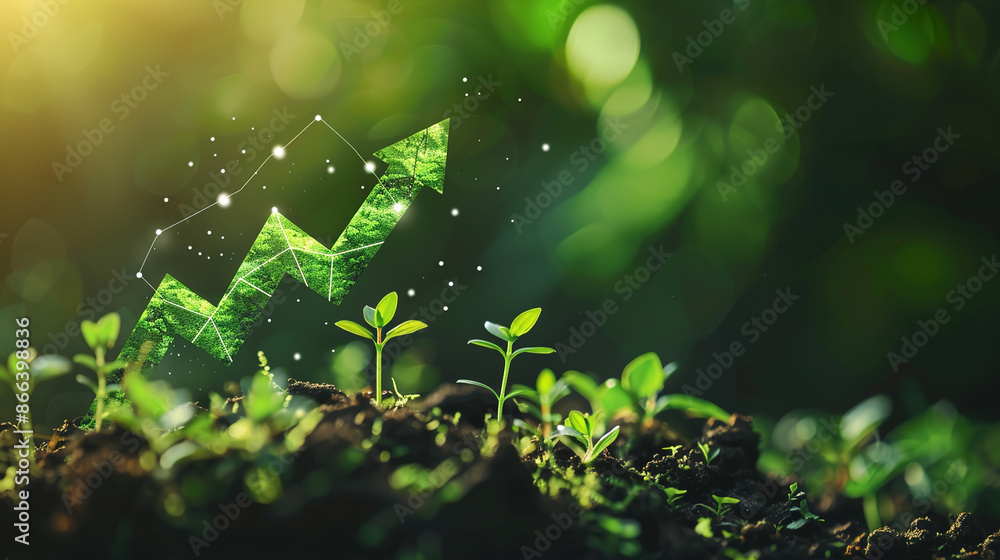 Symbolic Growth and Development of Nature: Graph Line with Green Leaves ...