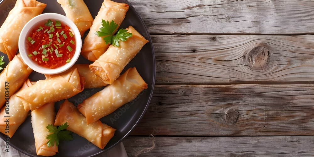 Plate of lumpia with dynamite dipping sauce in closeup view. Concept ...