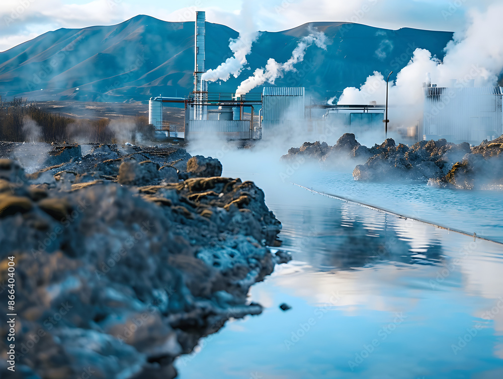 Geothermal power plant using Earth's heat to generate energy, releasing ...