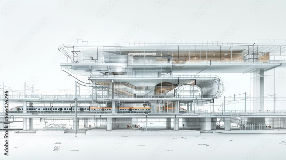 Cross-section CAD drawing of a huge brutalist train station, with ...