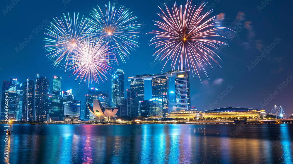 ''fireworks display over Marina Bay Sands, reflecting on the water, bright and spectacular ...