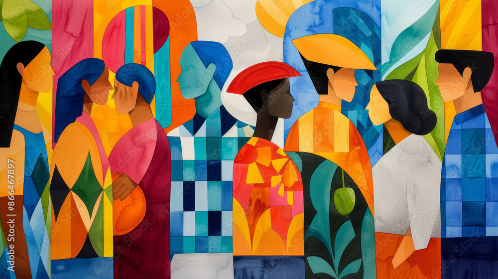 watercolor painting of a Hispanic art exhibition, with vibrant artworks ...