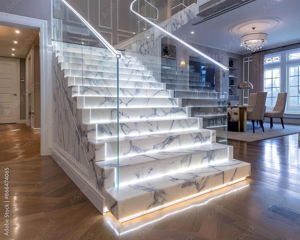 White marble L-shape floating neon stairs with RGB LED stripe light ...