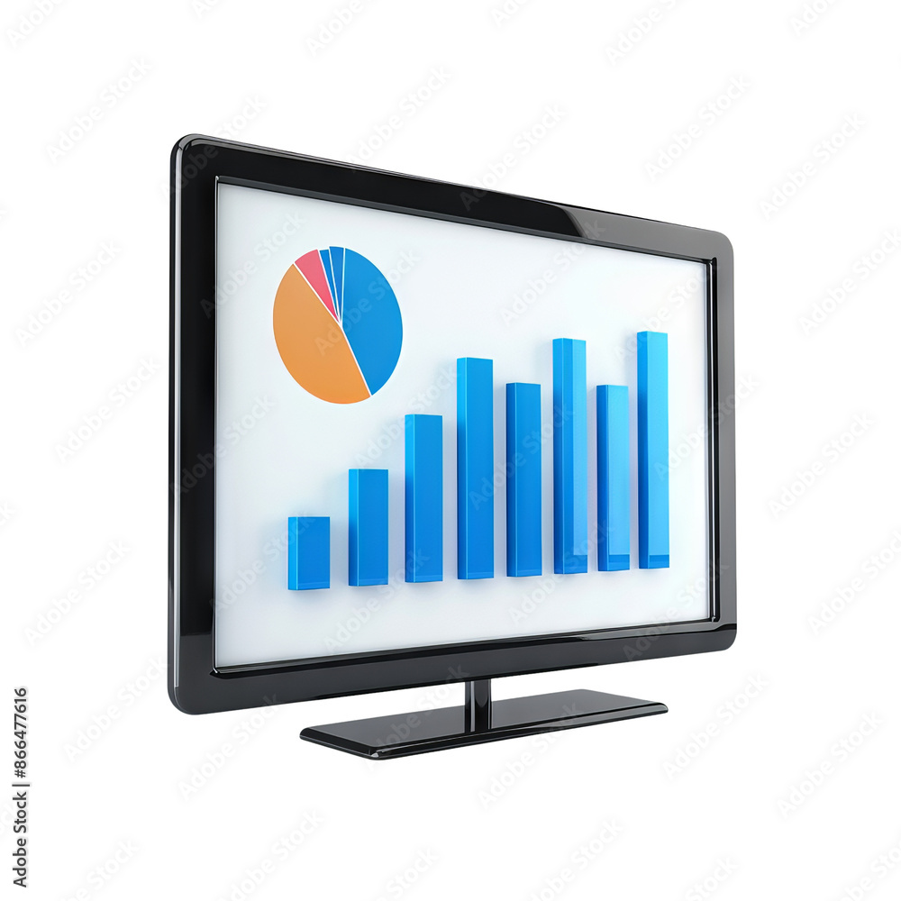 Digital monitor displaying a variety of colorful charts and graphs representing statistical data ...