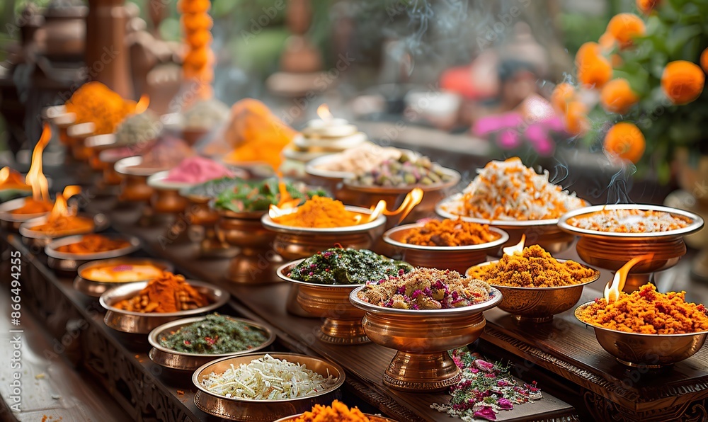 Traditional Indian ritual items for the Indian Yajna ritual of a Hindu ...