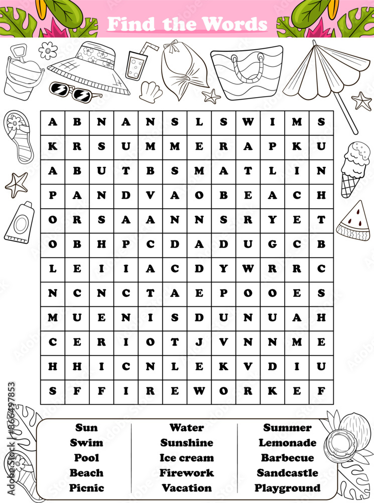 Summer word search puzzle with coloring page Stock Vector | Adobe Stock