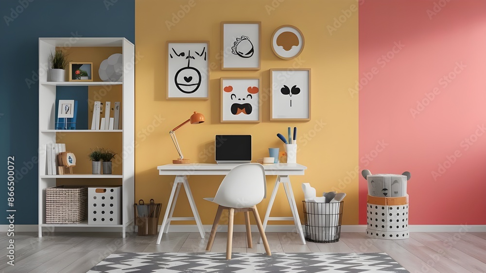 Kids study interior designs. Empty painted wall for mockup.Accent ...
