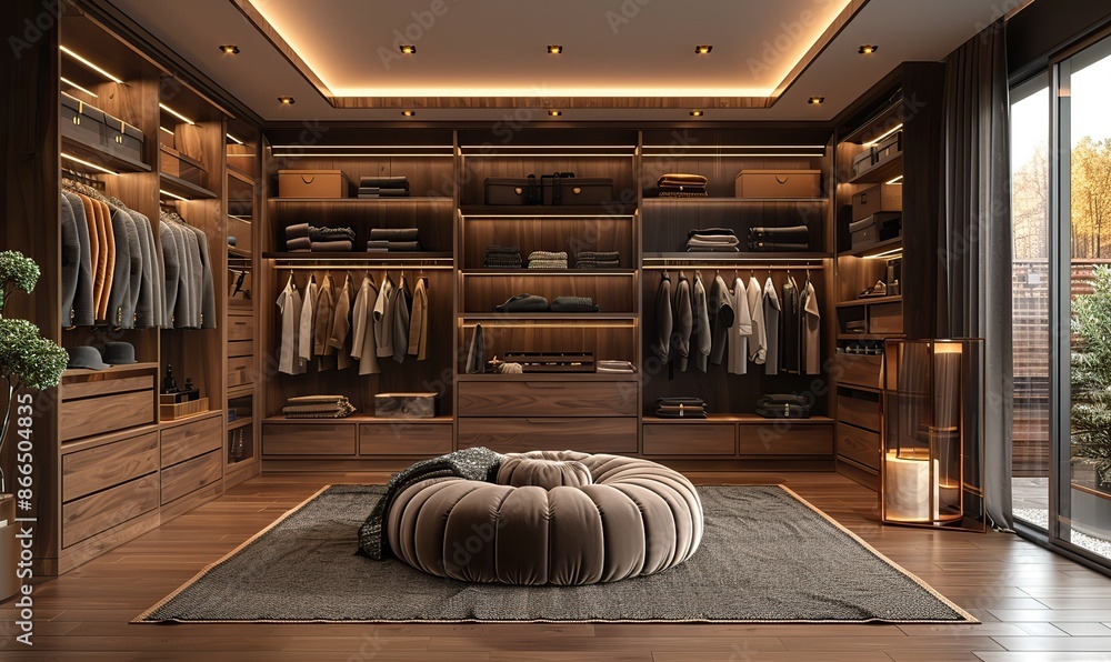 3D walk-in closet interior: Modern dark wooden walk-in wardrobe with ...