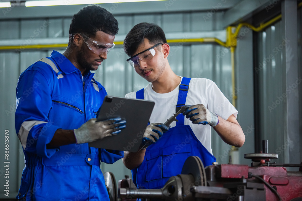Engineering worker man using tablet working using vernier calipers ...
