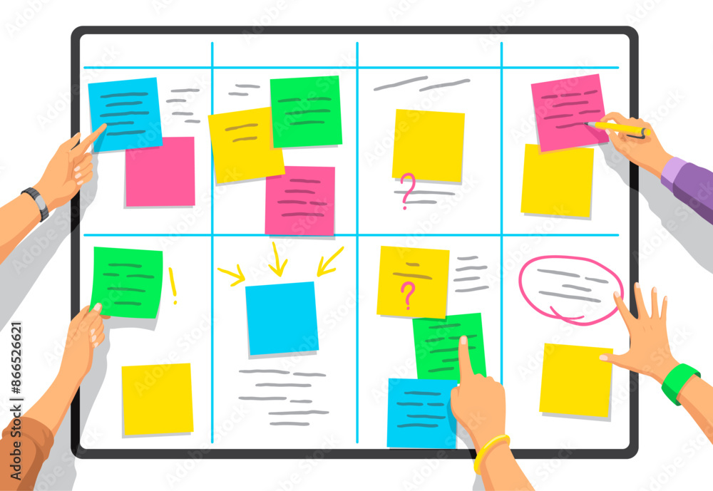 Hands and stickers on board. Sticky notes. Realistic reminders on ...