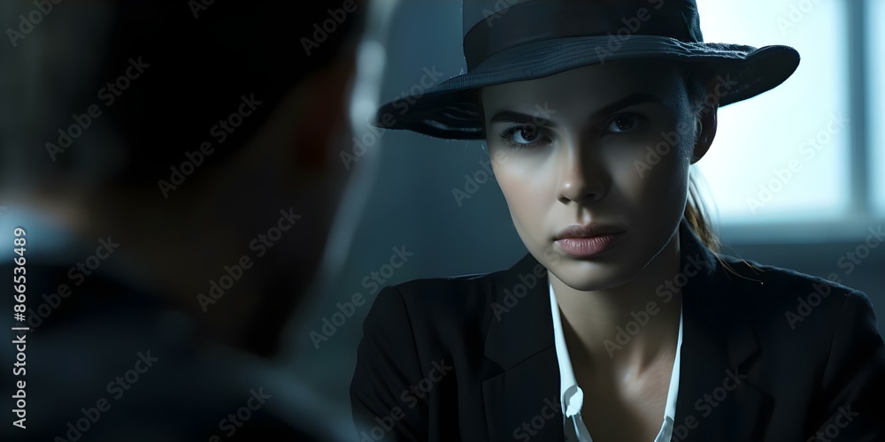 Interrogation of female suspect by detective in dimly lit room for investigation. Concept Crime ...